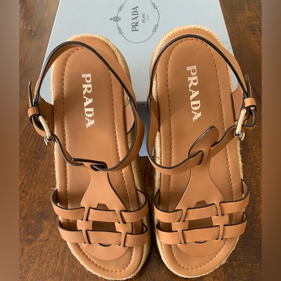 Prada | Shoes | Prada Tan Leather Gladiator Sandal With Espadrille Trim ...
